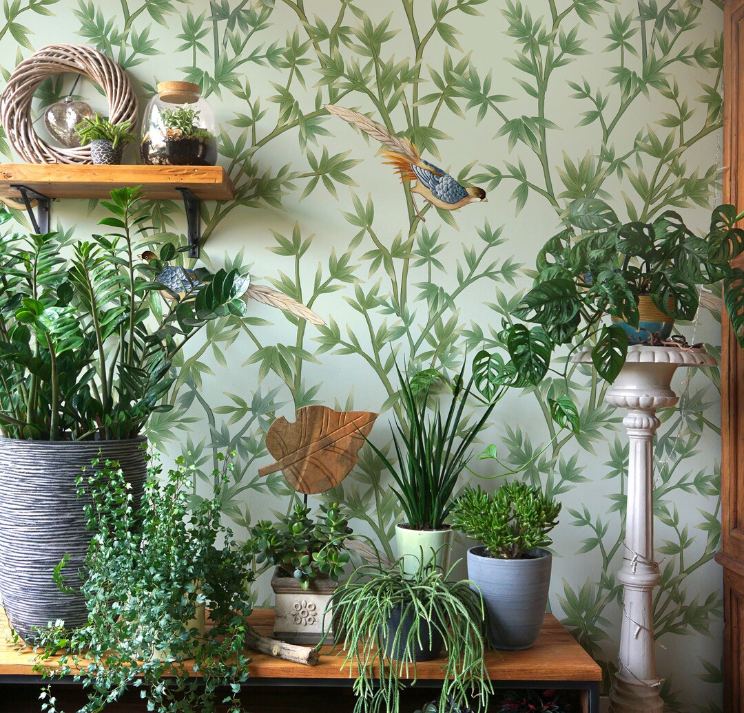 Green Exotic Pattern Wallpaper With Birds and Plants Self Adhesive Peel ...
