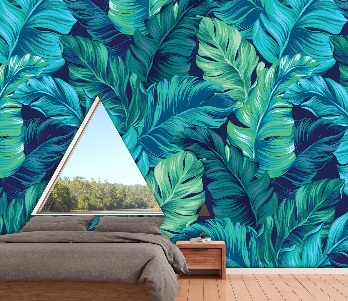 Vector Blue and Green Tropical Leaves Wallpaper | Self Adhesive | Peel ...