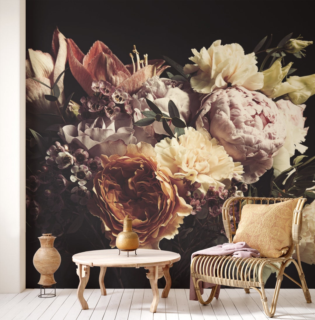 Dark Vintage Dim Light Dramatic Peony Flower Bouquet Photo Wallpaper ...