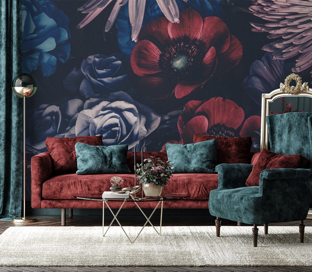 Dark Dramatic Mural With Bouquet of Anemones and Roses | Self Adhesive ...
