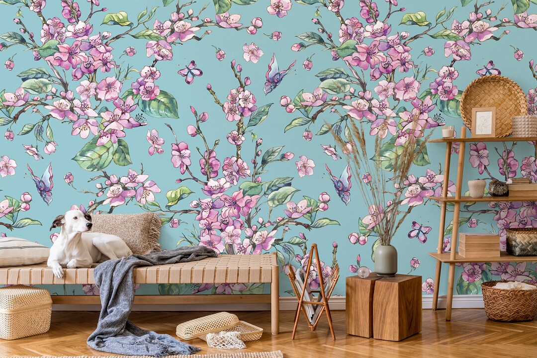 Blue Wallpaper With Watercolor Cherry Blossoms | Self Adhesive | Peel ...