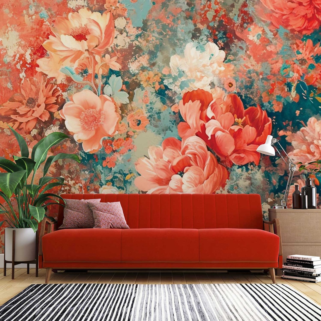 Red & Teal Abstract Floral Wall Mural, Vivid Flowers Wallpaper • Peel ...