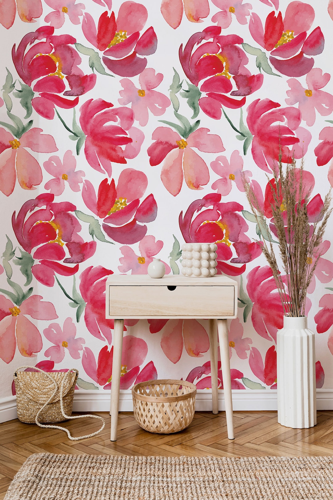 Watercolor Pink and Red Floral Wallpaper, Painted Flowers Pattern ...