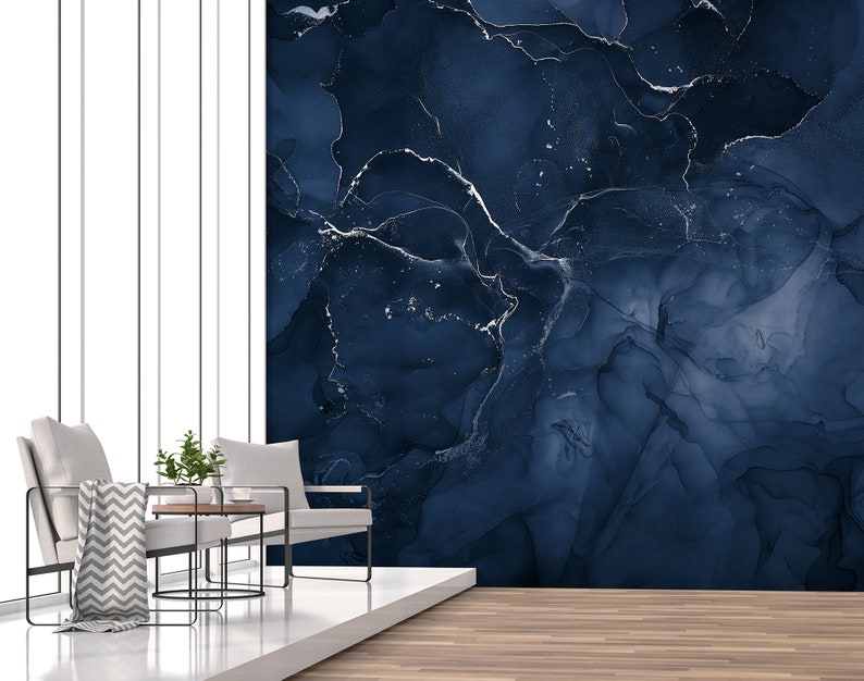 Elegant Dark Night Blue and Silver Matte Watercolor Marble Wallpaper ...