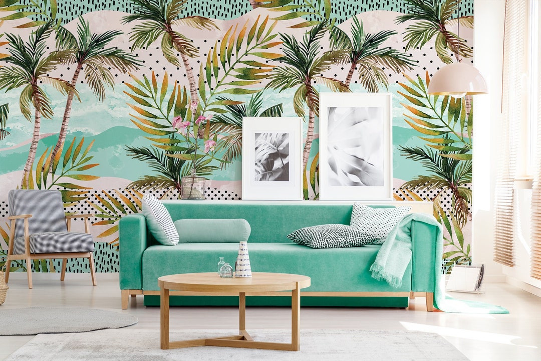 Abstract Summer Tropical Beach Wallpaper, Watercolor Palm Leaf and Tree ...