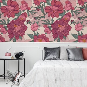 Pink and Red Big Flower Pattern Wallpaper, Botanical Mural | Self ...