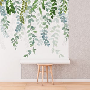 Watercolor Hanging Leaves Wallpaper, Leaf Print, Botanical Wall Mural ...