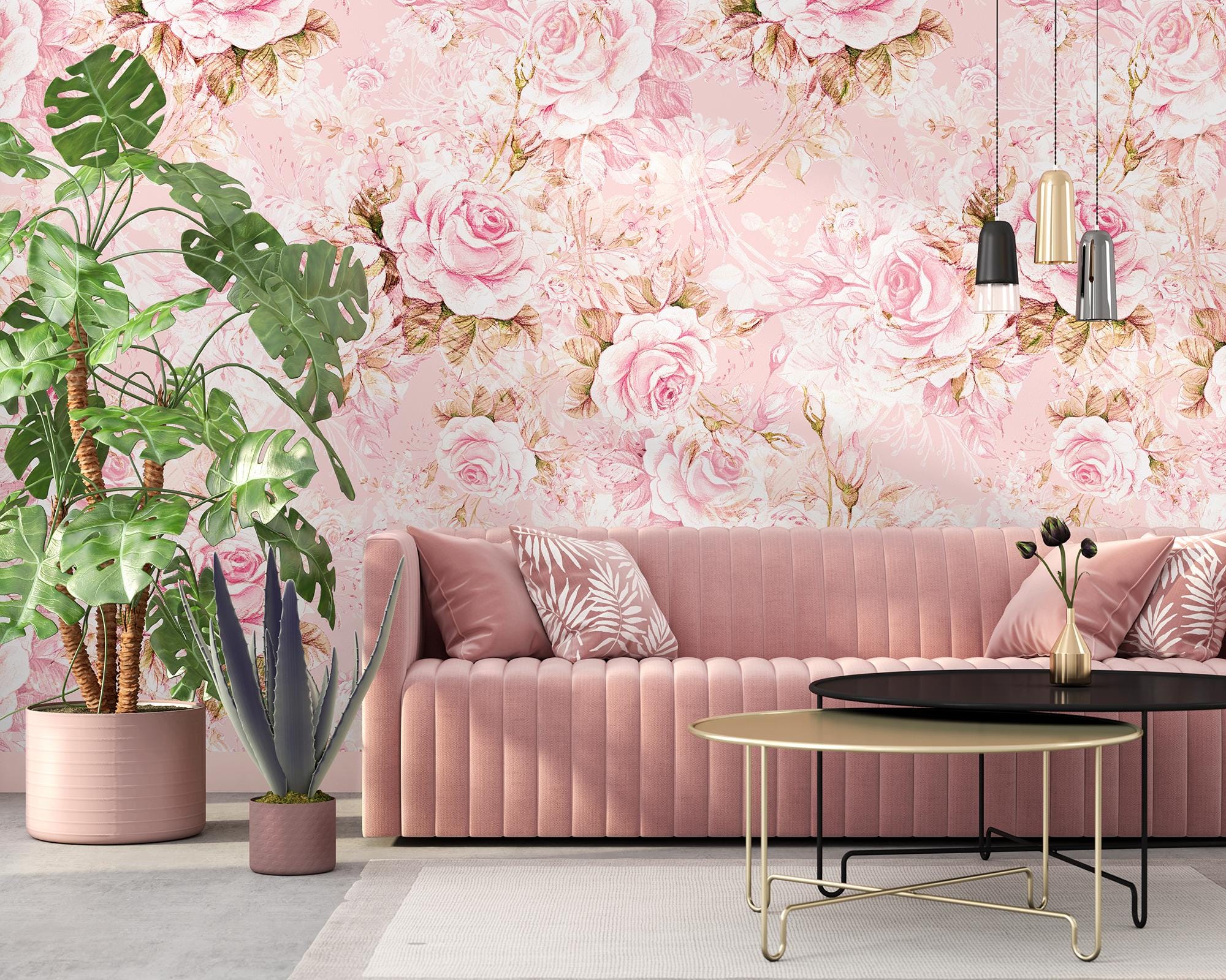 Light Delicate Pink Mural With Rose Motive | Self Adhesive | Peel ...
