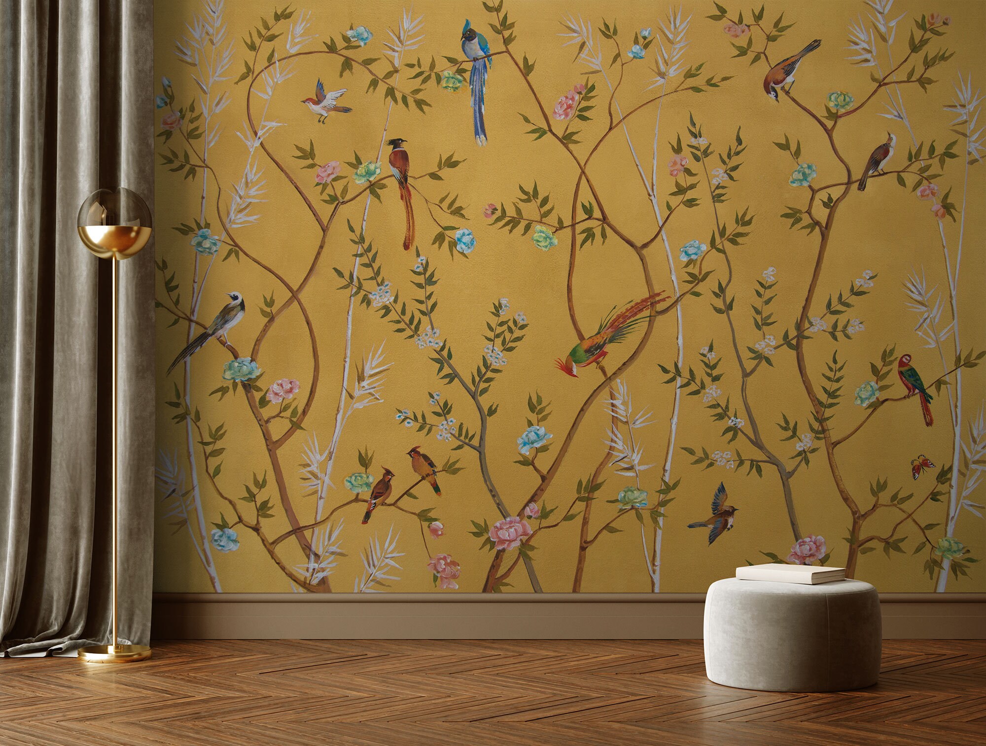 Chinoiserie Mustard Yellow Birds & Branches Vintage Wallpaper • Peel ...