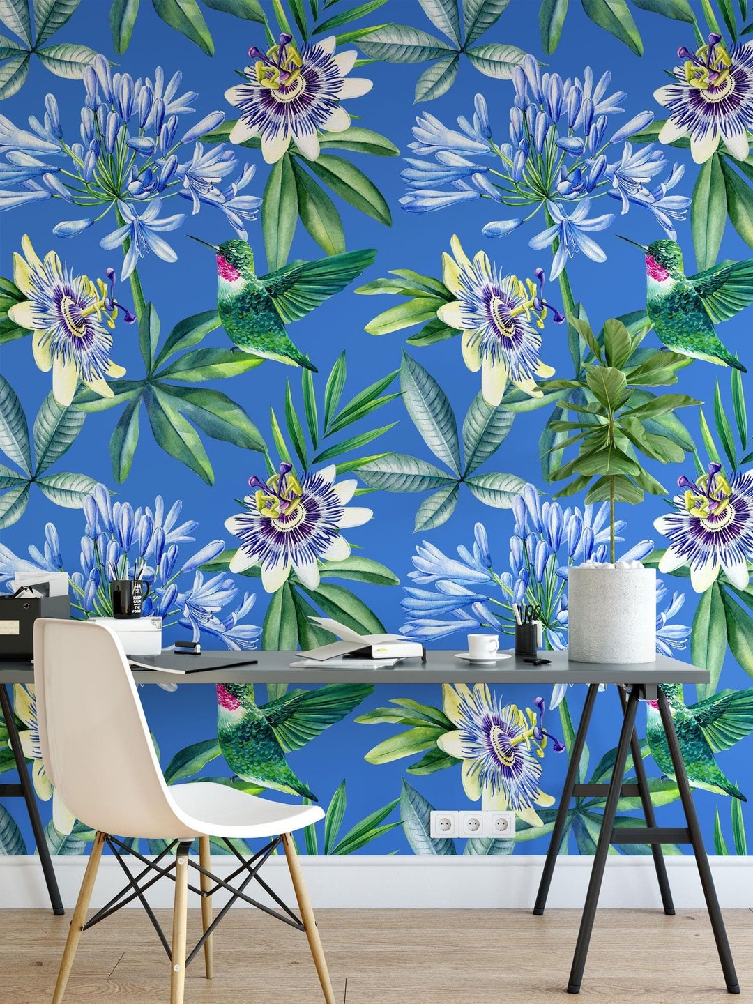 Passiflora & Humming Bird Blue Wallpaper, Botanical Wall Mural • Peel ...
