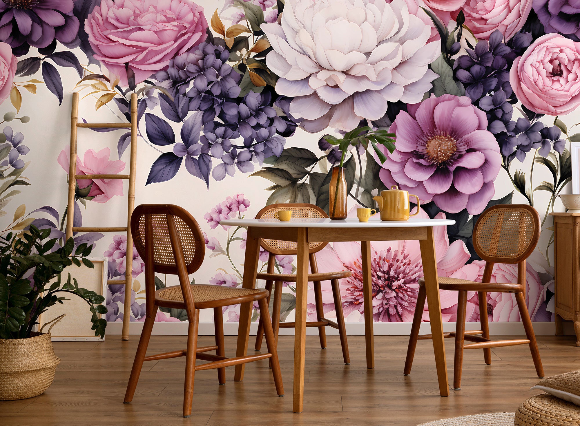 Beautiful Pink & Purple Floral Wall Mural, Botanical Wallpaper • Peel ...