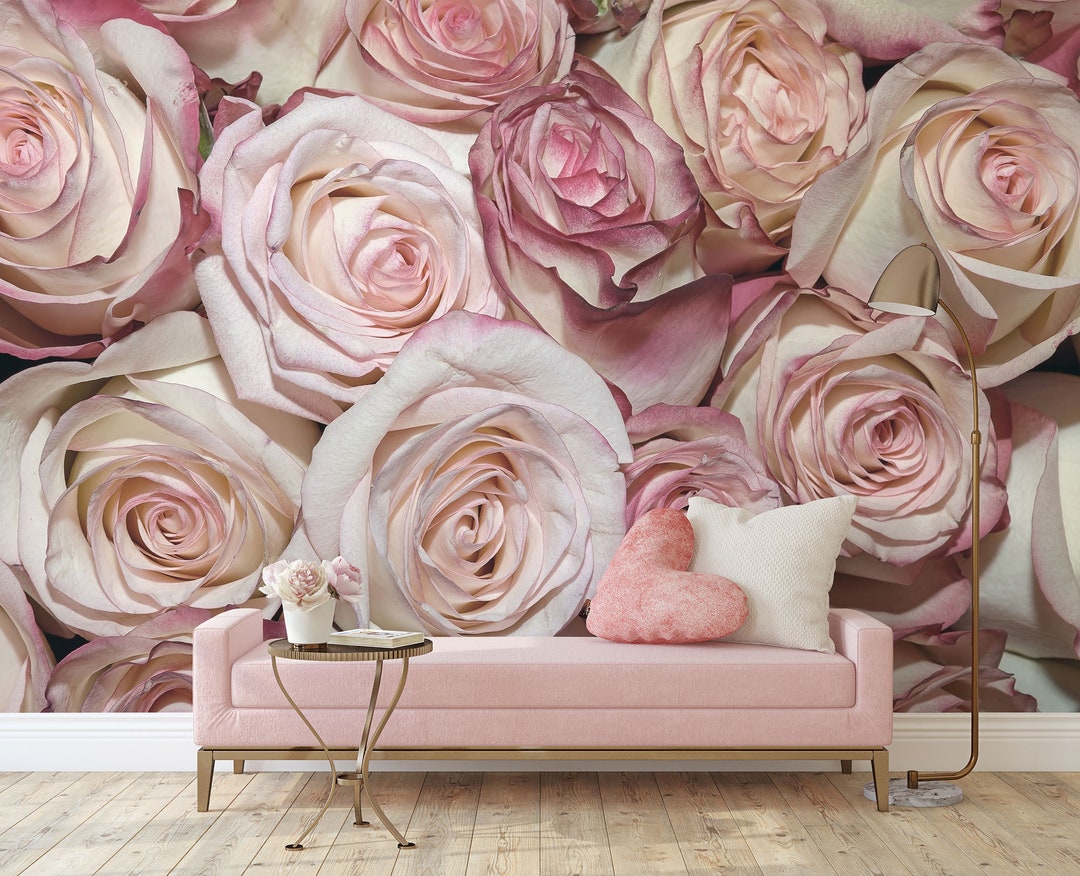 Cream Pink Vintage Rose Flowers Wallpaper, Floral Wall Mural • Peel and ...