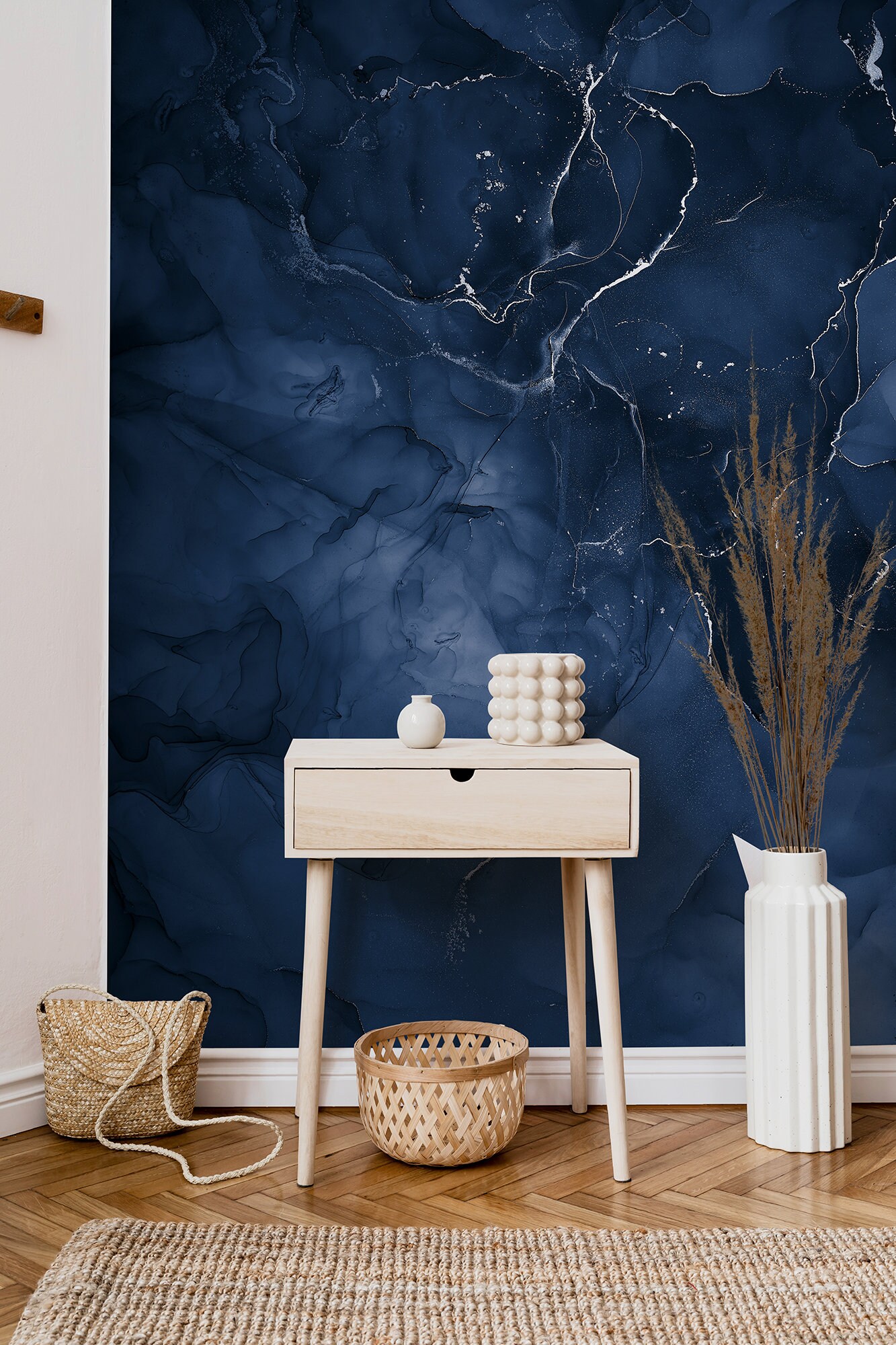 Elegant Dark Night Blue and Silver Matte Watercolor Marble Wallpaper ...