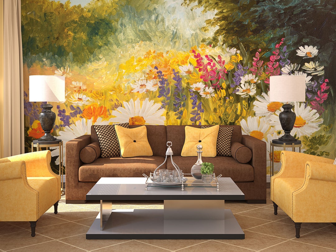 Colorful Meadow Painting Wallpaper, Field Flowers Art, Floral Wall ...