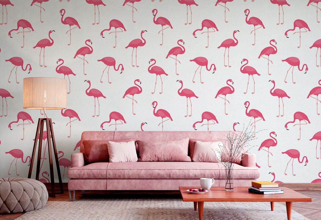 Pink Flamingo Bird Pattern Wallpaper, White Background | Self Adhesive ...