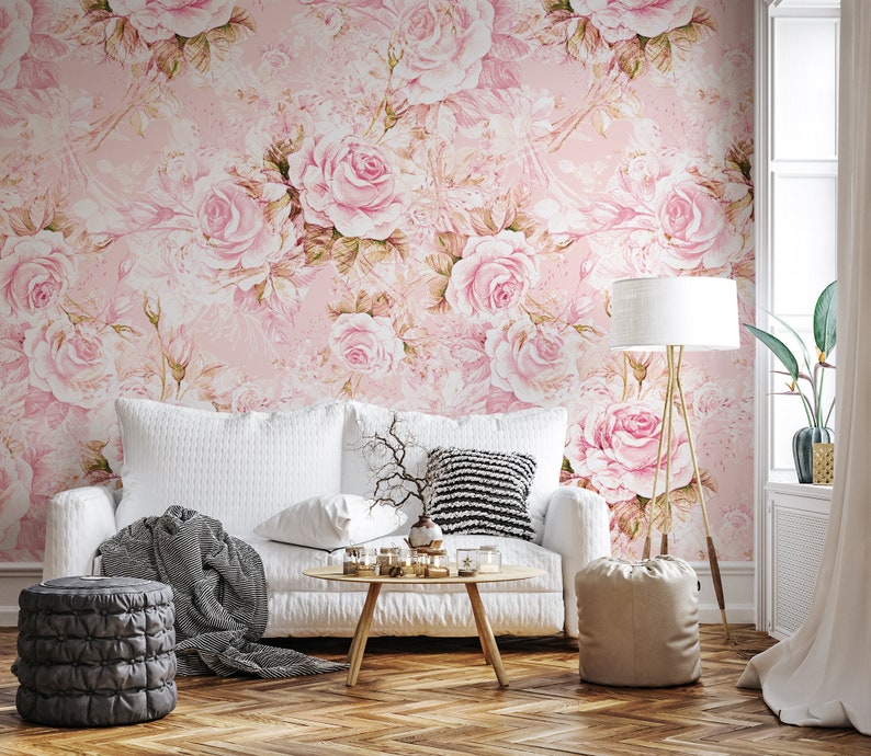 Light Delicate Pink Mural With Rose Motive Self Adhesive - Etsy