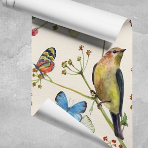 Light Yellow Wallpaper With Beautiful Watercolor Birds, Butterflies and ...
