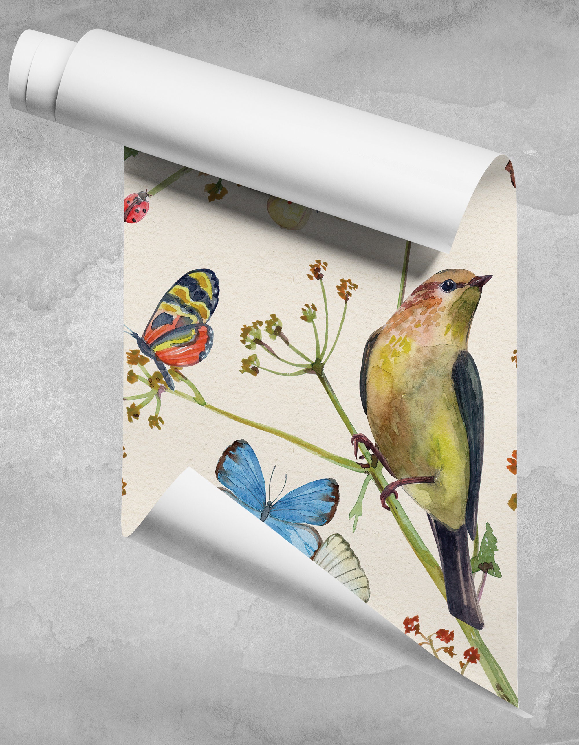 Light Yellow Wallpaper With Beautiful Watercolor Birds - Etsy