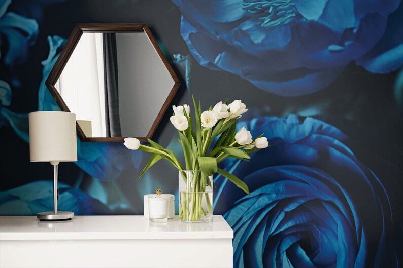 Blue Rose Wallpaper Dark Floral Wall Mural Peel and Stick - Etsy