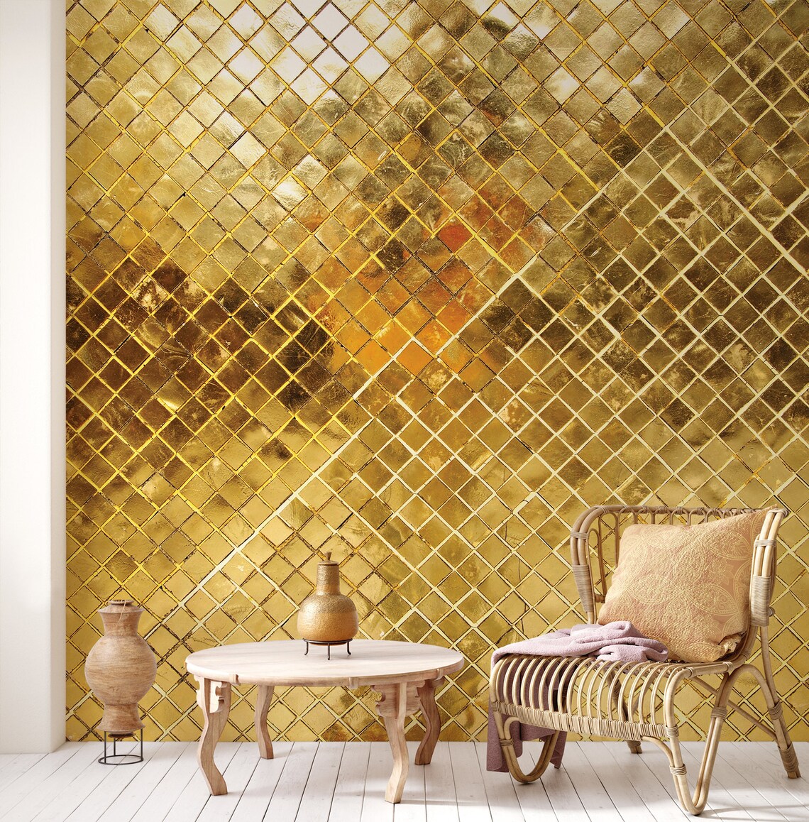 Gold tiles wallpaper no metallic shiny effects matte print | Etsy