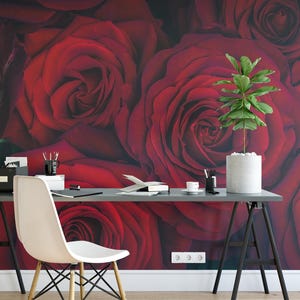 Elegant Dark Red Roses Photo Wallpaper, Big Flowers Wall Mural | Self ...