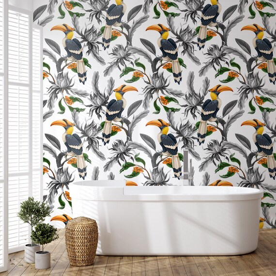 White Exotic Wallpaper With Leaves and Birds Toucan Pattern - Etsy