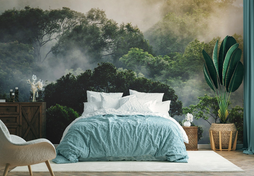 Misty Rainforest Wallpaper, Green Trees in Fog, Foggy Trees Wall Mural ...