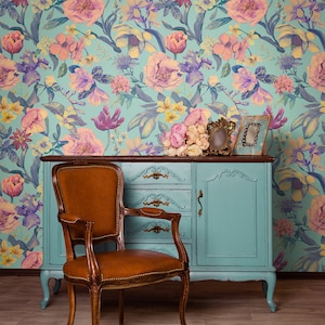 Vintage Floral Blue Pink Wallpaper Retro Floral Watercolor Pattern