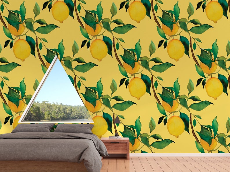Yellow Wallpaper With Watercolor Lemon Self Adhesive Peel | Etsy