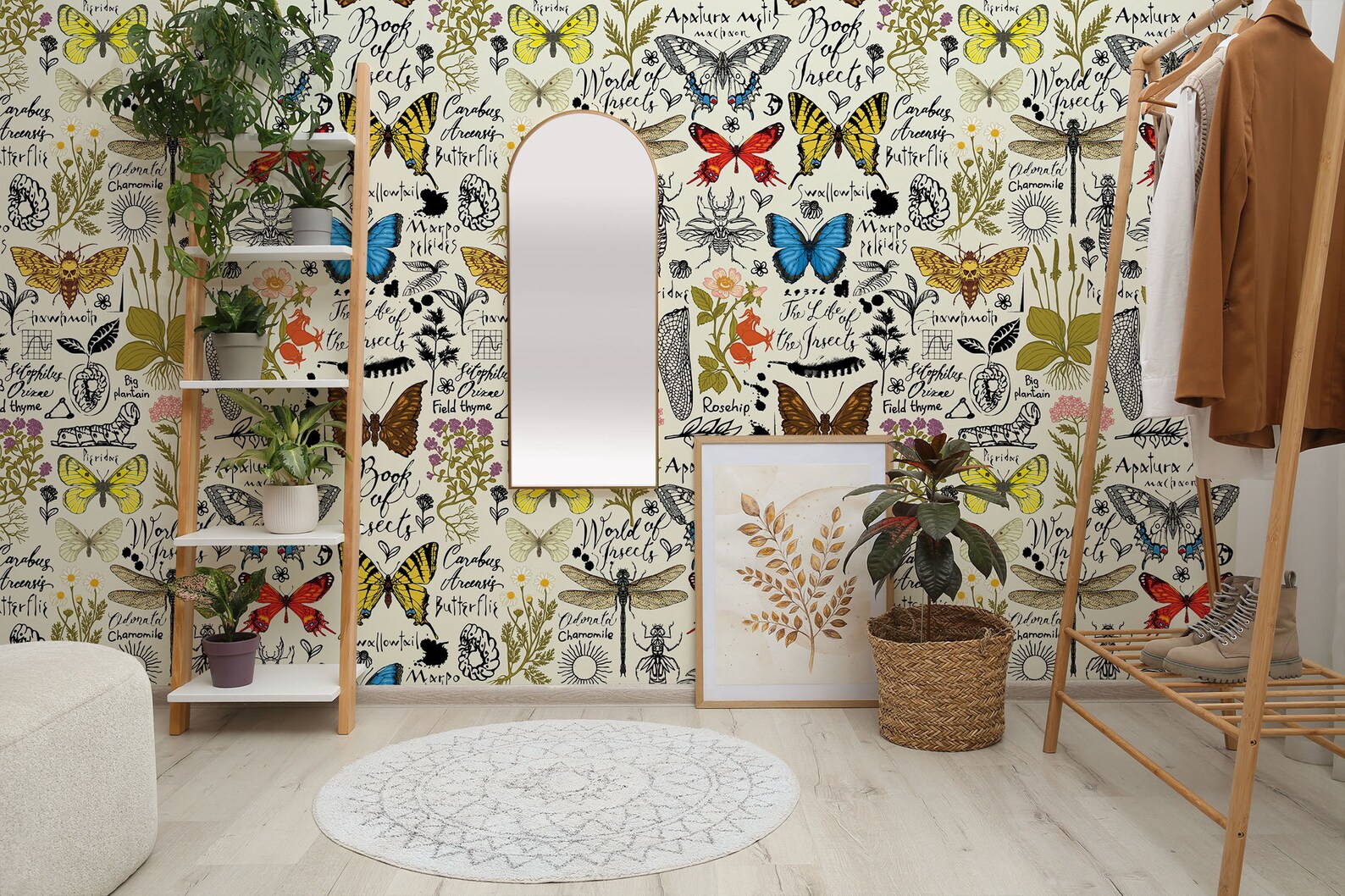 Botanical Wallpaper With Plants Flowers Butterfly Insects - Etsy