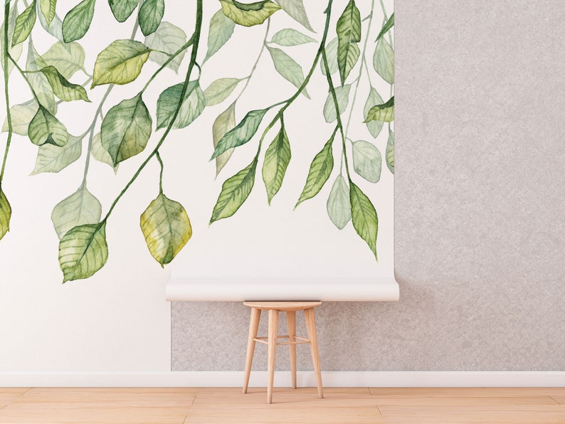 Watercolor Green Hanging Tree Leaves Wallpaper With White Background ...