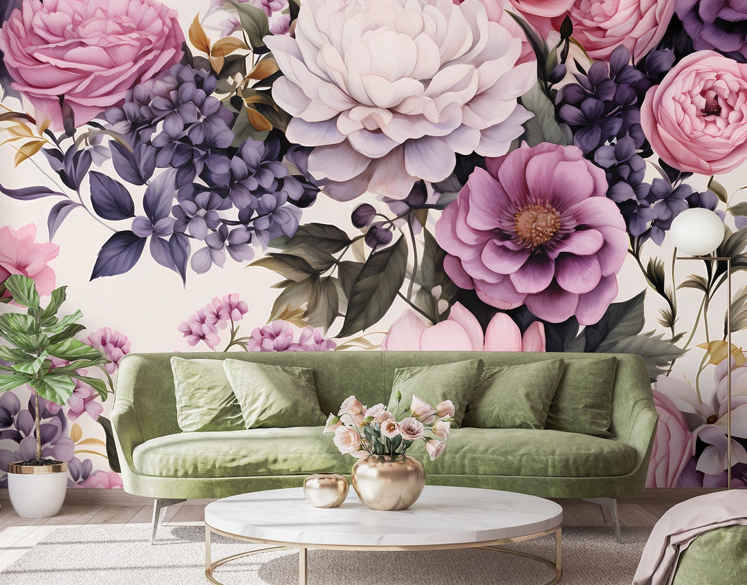 Beautiful Pink & Purple Floral Wall Mural, Botanical Wallpaper • Peel ...