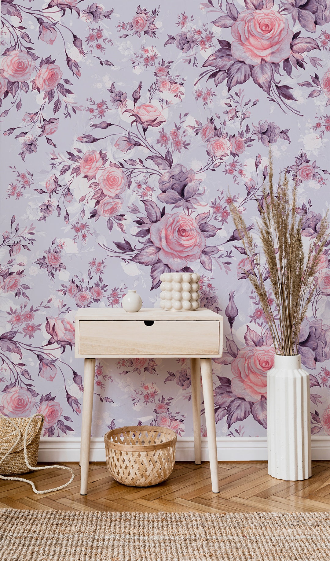 Lilac Mural With Pink Rose Motive, Beautiful Watercolor Floral ...