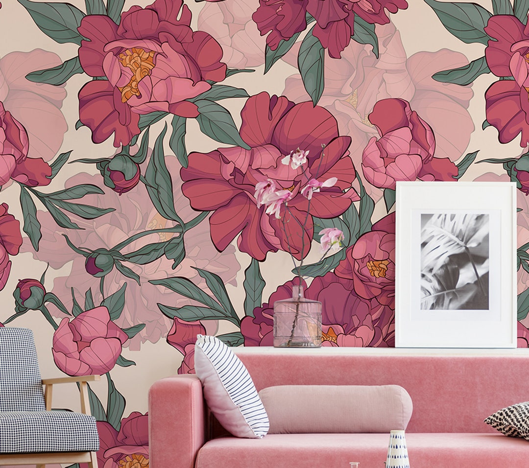 Pink and Red Big Flower Pattern Wallpaper, Botanical Mural | Self ...