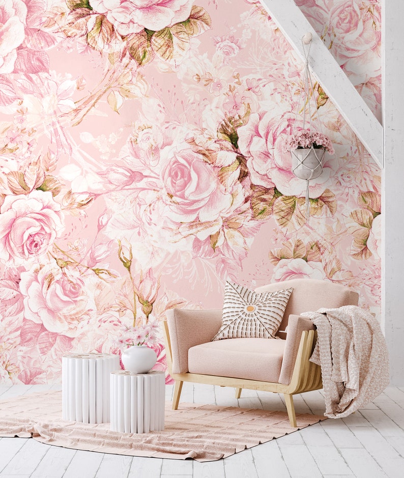 Light Delicate Pink Mural With Rose Motive | Self Adhesive | Peel ...