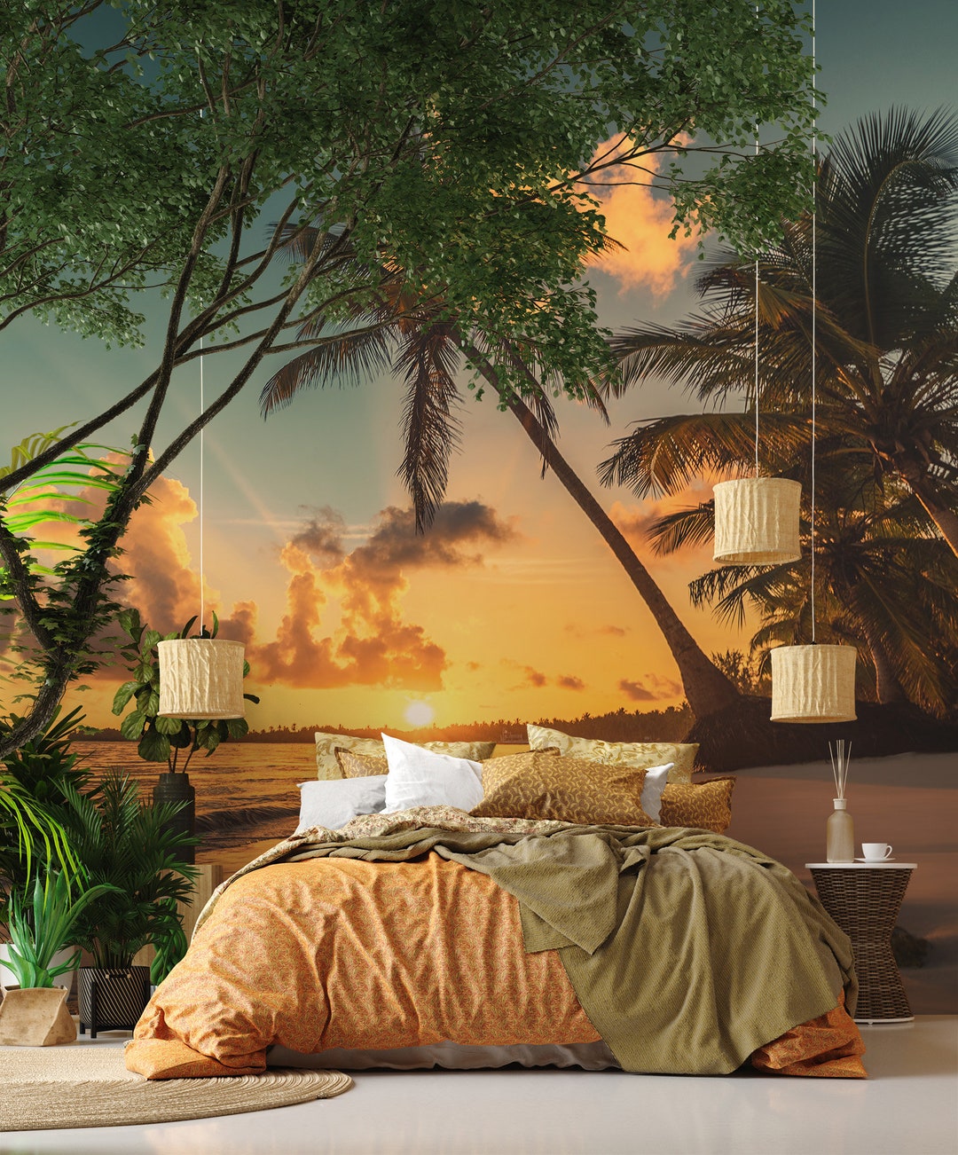 Beautiful Sunset Over Tropical Island, Beach & Palm Trees Wallpaper ...