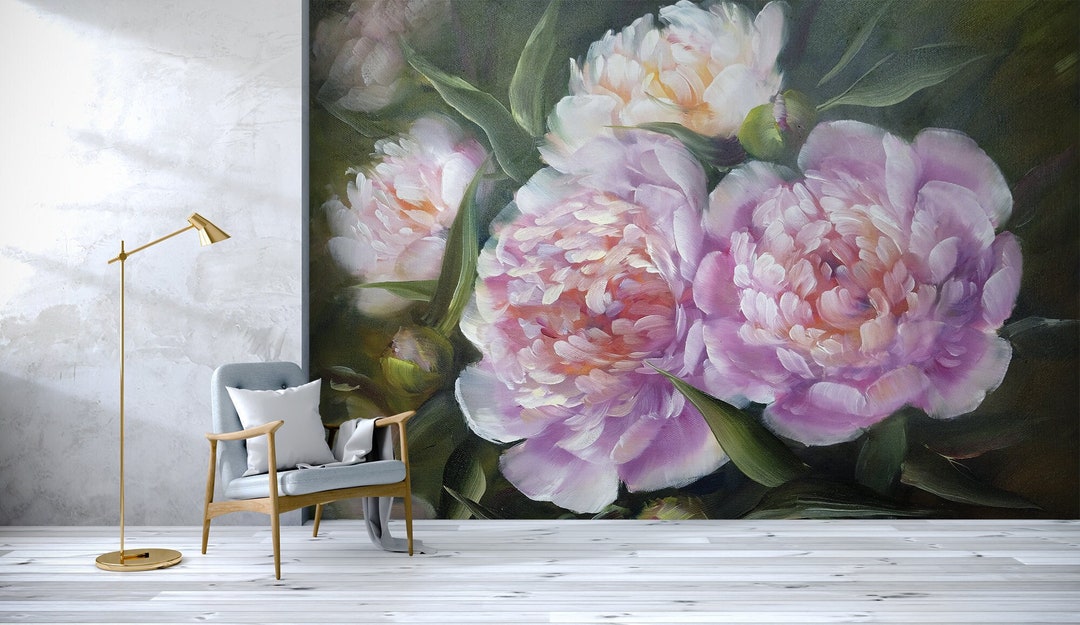 Pink Peony Wall Mural, Painted Peonies Wallpaper | Self Adhesive | Peel ...
