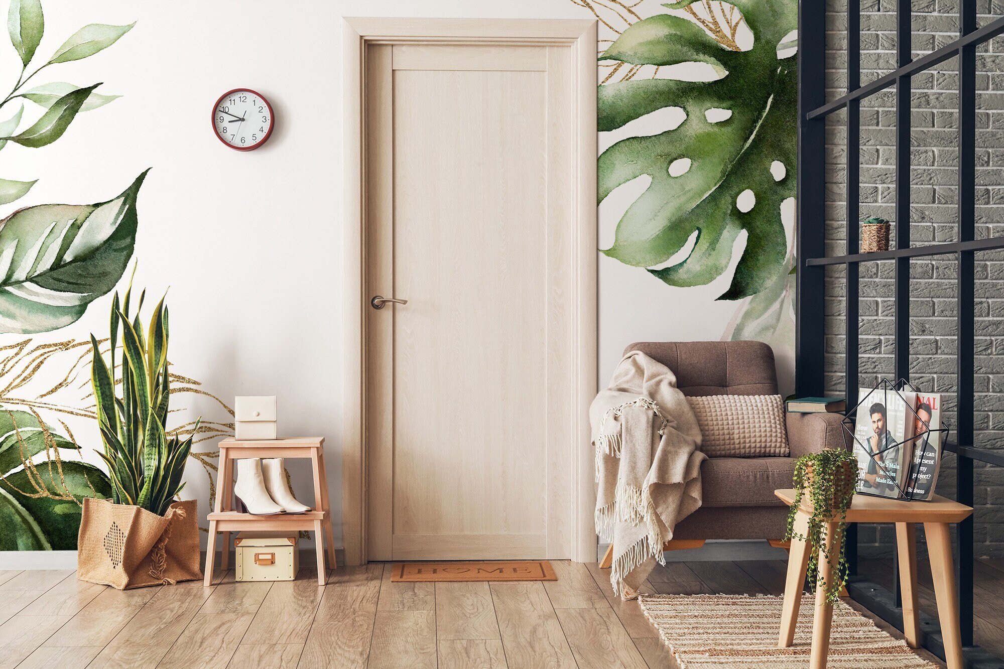 Watercolor Green and Yellow Tropical Monstera & Banana Leaves Wallpaper ...