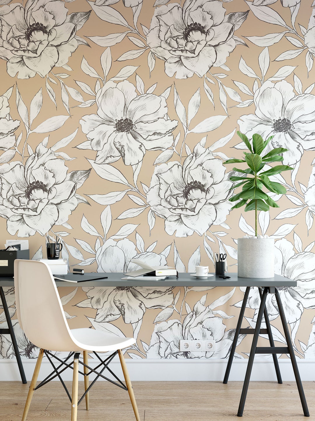 Beige Floral Wallpaper, White Flowers Pattern, Floral Wall Mural Self ...