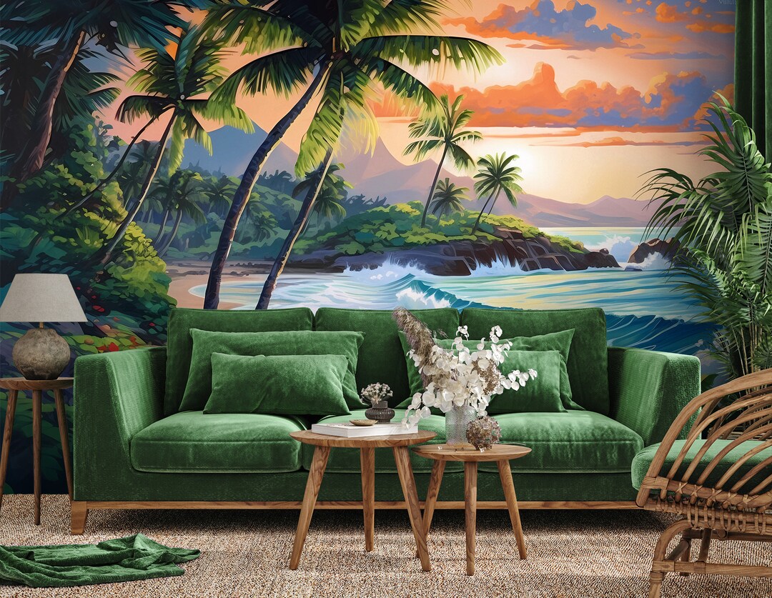 Tropical Beach Abstract Painting Wallpaper, Palm Trees Wall Mural ...