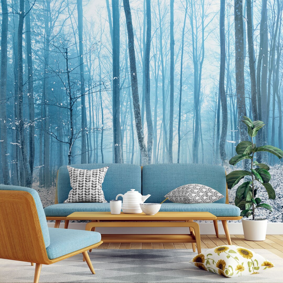 Blue Winter Forest Wallpaper, Tall Trees, Snowy Landscape Wall Mural ...