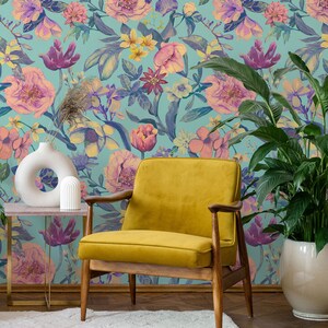 Vintage Floral Blue & Pink Wallpaper, Retro Floral Watercolor Pattern ...