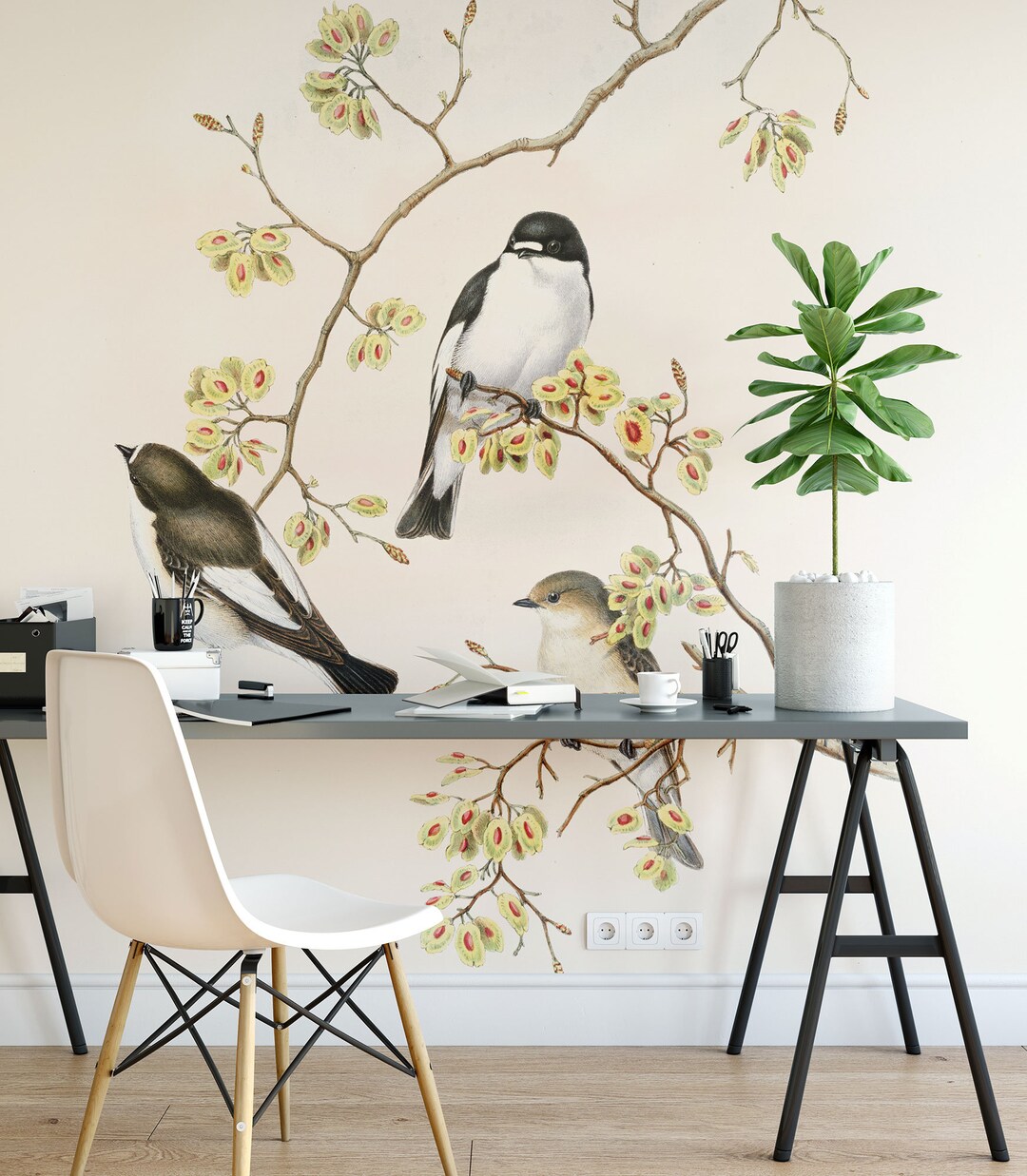 European Pied Flycatcher Bird Wall Mural, Birds on Branches Wallpaper ...