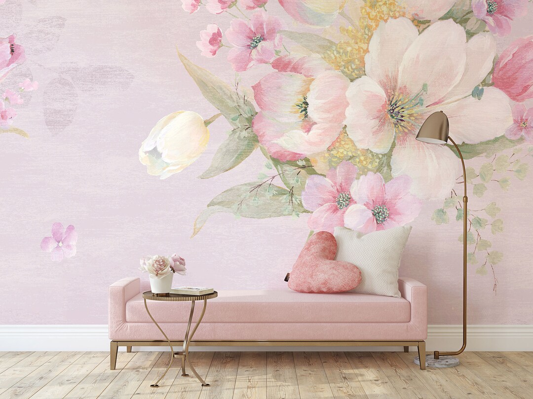 Pastel Pink Watercolor Floral Wall Mural, Delicate Flowers Wallpaper ...