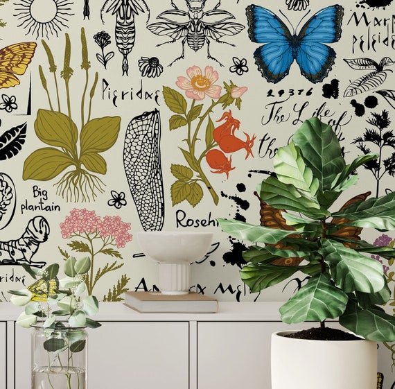 Botanical Wallpaper With Plants Flowers Butterfly Insects - Etsy