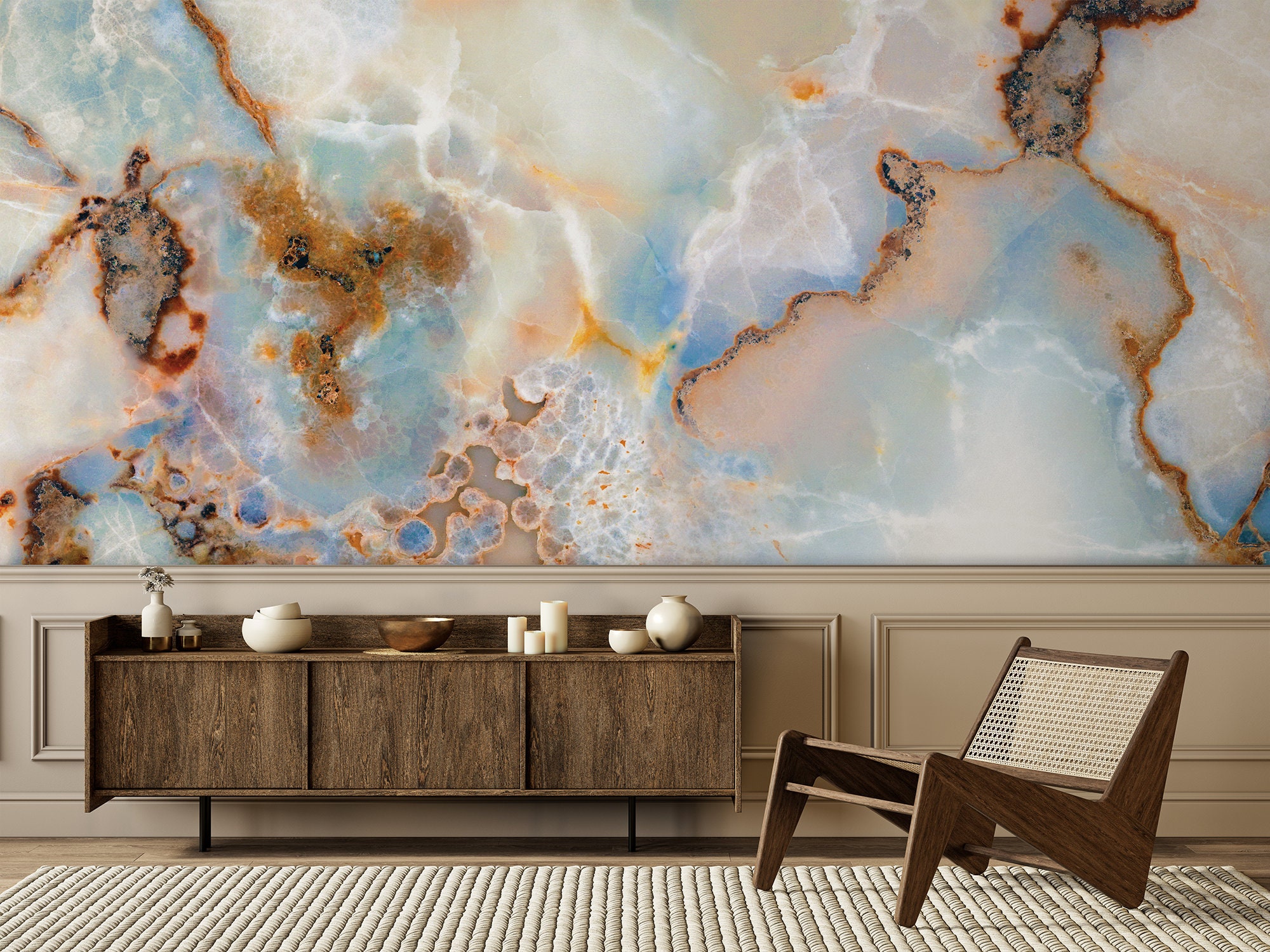 Blue and Copper Marble Stone Mural, Polished Crystal, Rustic Surface ...
