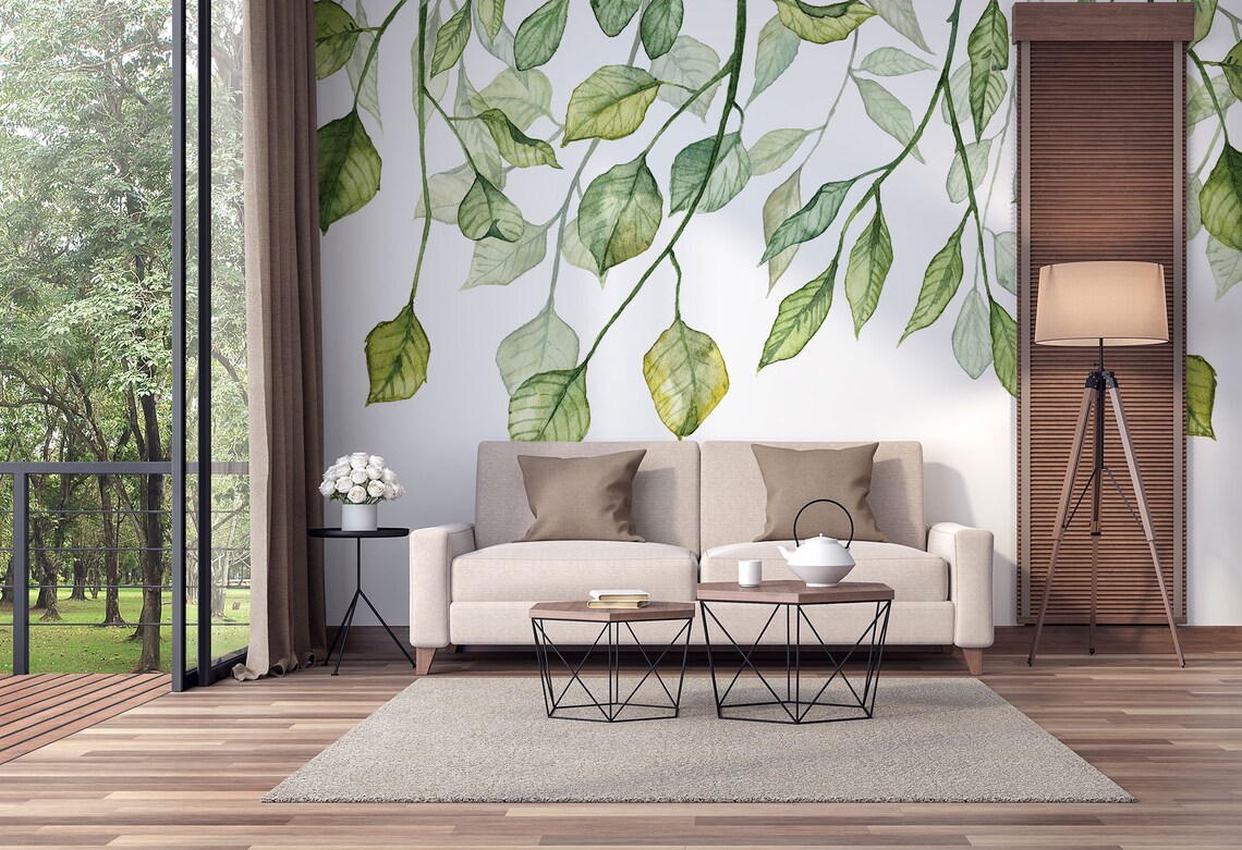 Watercolor Green Hanging Tree Leaves Wallpaper With White - Etsy