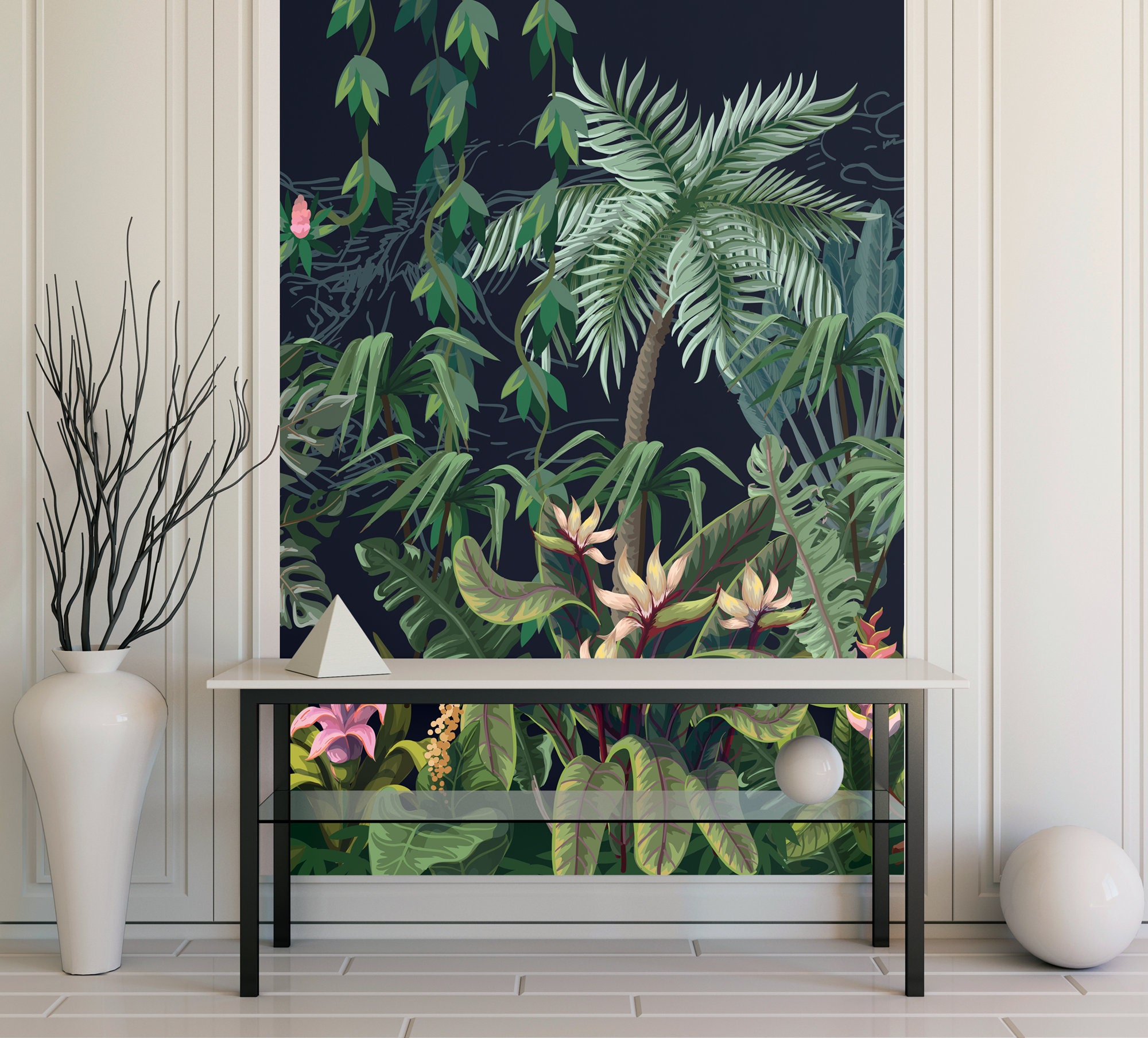 Dark Tropical Jungle Wallpaper Vector Art Exotic Trees and - Etsy