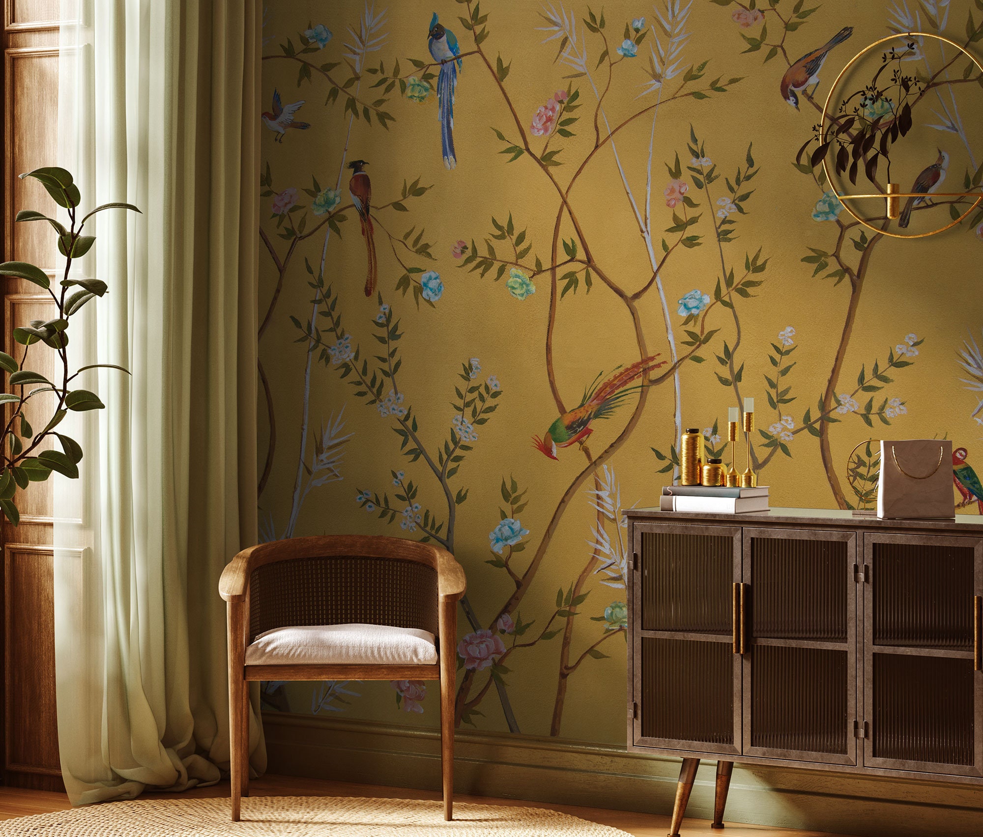 Chinoiserie Mustard Yellow Birds & Branches Vintage Wallpaper • Peel ...