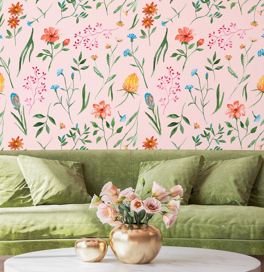 Light Pink Watercolor Floral Wallpaper, Colorful Botanical Pattern ...